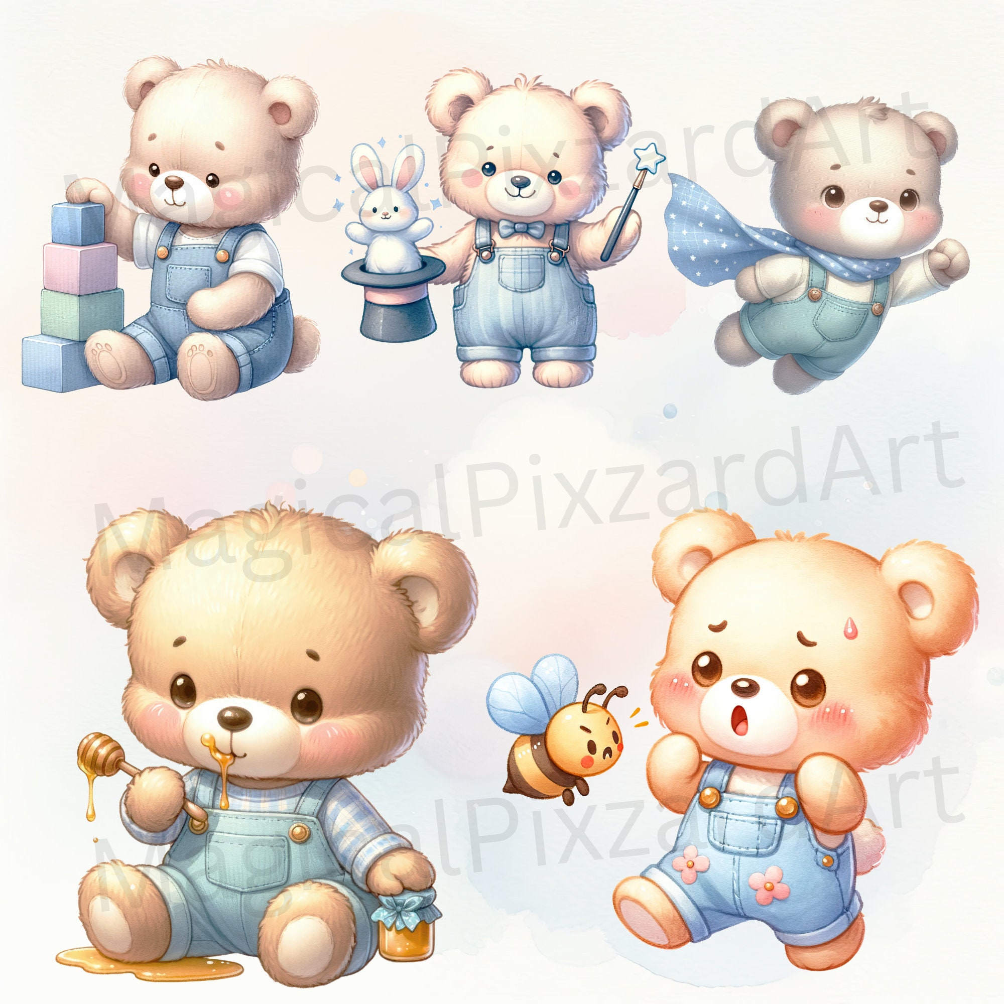 Cute Watercolor Teddy Bear Clipart Set in Soft Pastel Pink & Blue ...