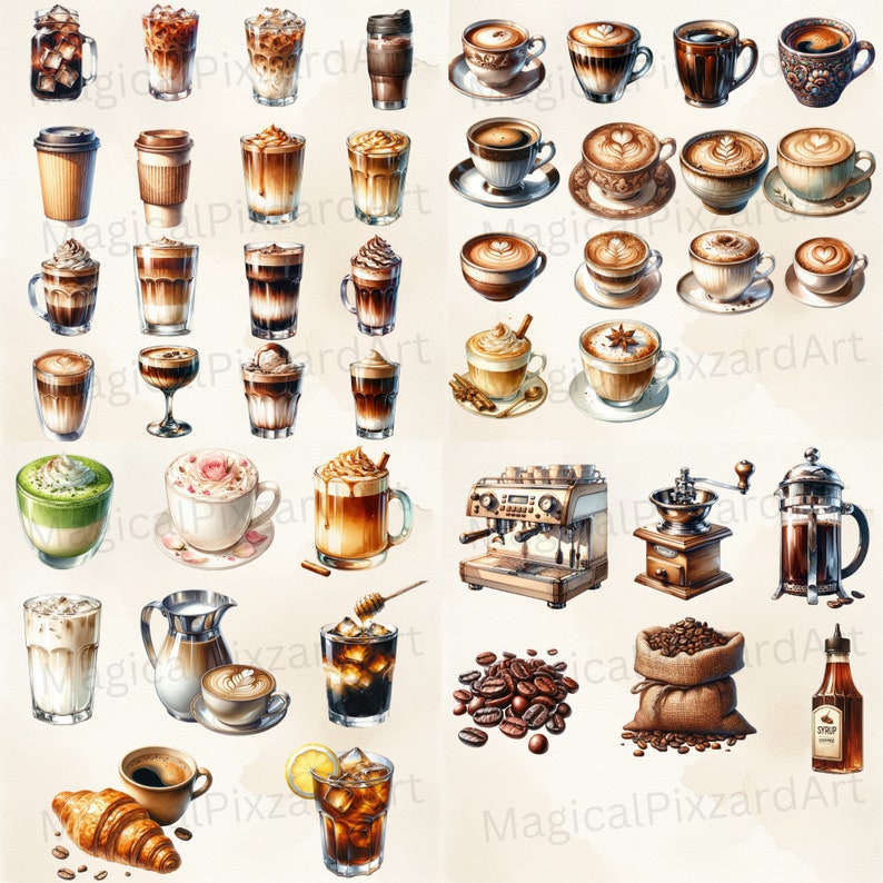 160 Watercolor Beverages Clipart Bundle - Coffee, Cocktails, Smoothies ...