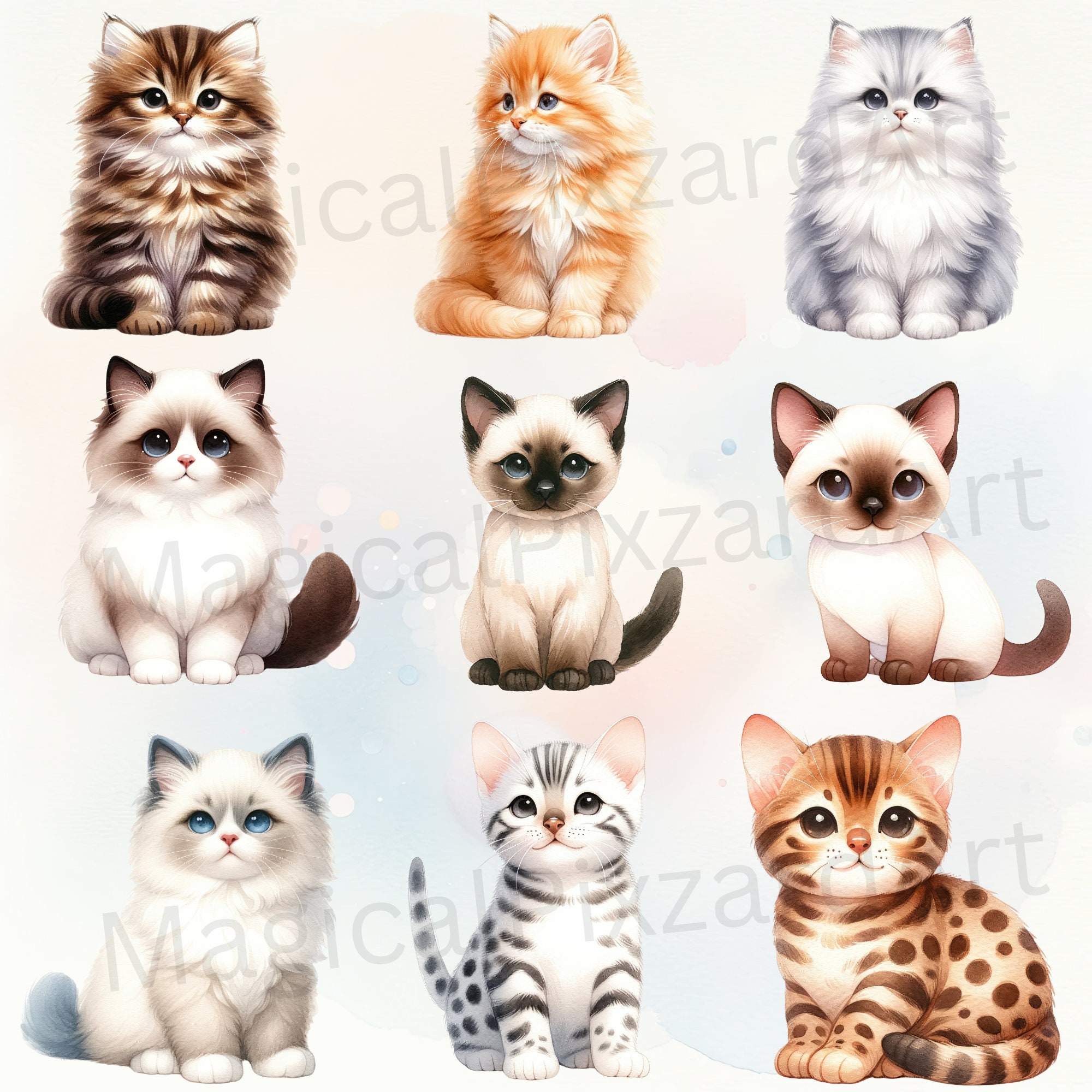 50 Watercolor Cute Cats Clipart Collection With 18 Popular Breeds Cat ...