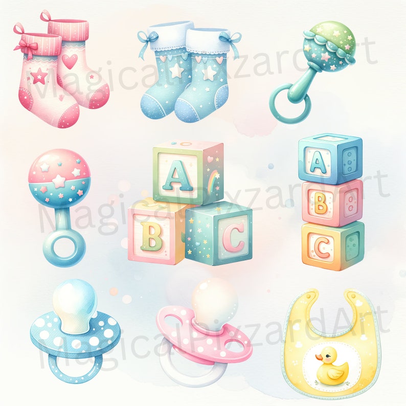 50 Baby Shower Clipart Bundle, Watercolor Pastel Baby Shower Elements ...