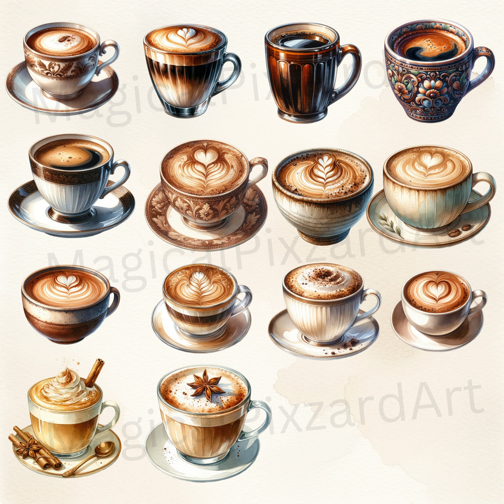 50 Watercolor Coffee Clipart Bundle, Tea Clipart, Cafe Clipart, Coffee ...