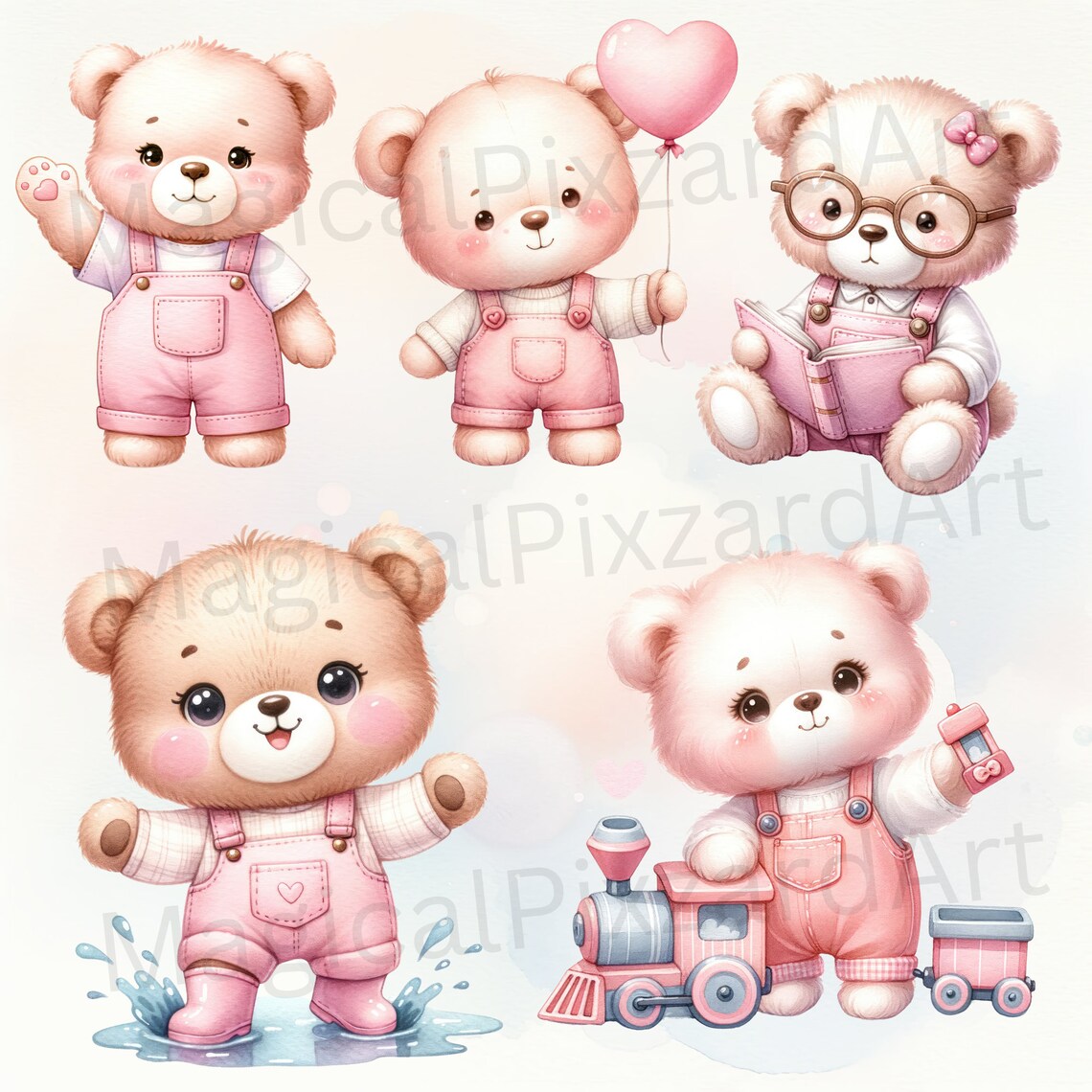 Cute Watercolor Teddy Bear Clipart Set in Soft Pastel Pink & Blue ...