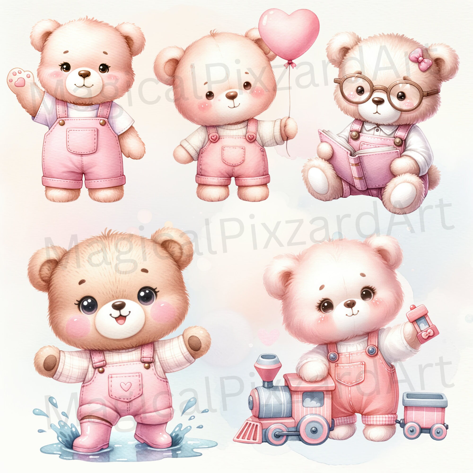 Cute Watercolor Teddy Bear Clipart Set in Soft Pastel Pink & Blue ...