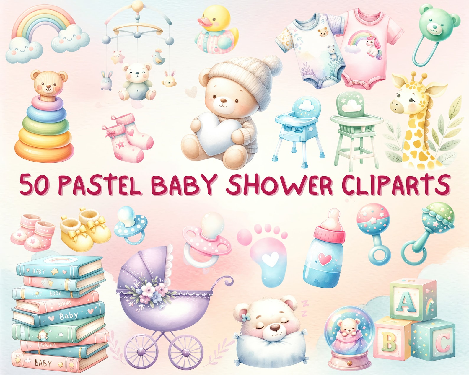 50 Baby Shower Clipart Bundle, Watercolor Pastel Baby Shower Elements ...