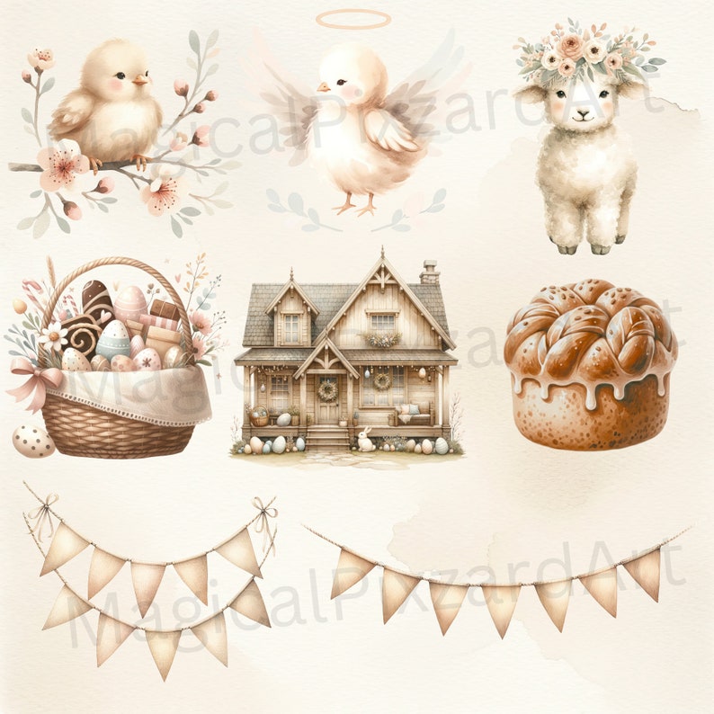 40 Watercolor Easter Clipart Bundle, Bunny Clipart, Beige Themed ...