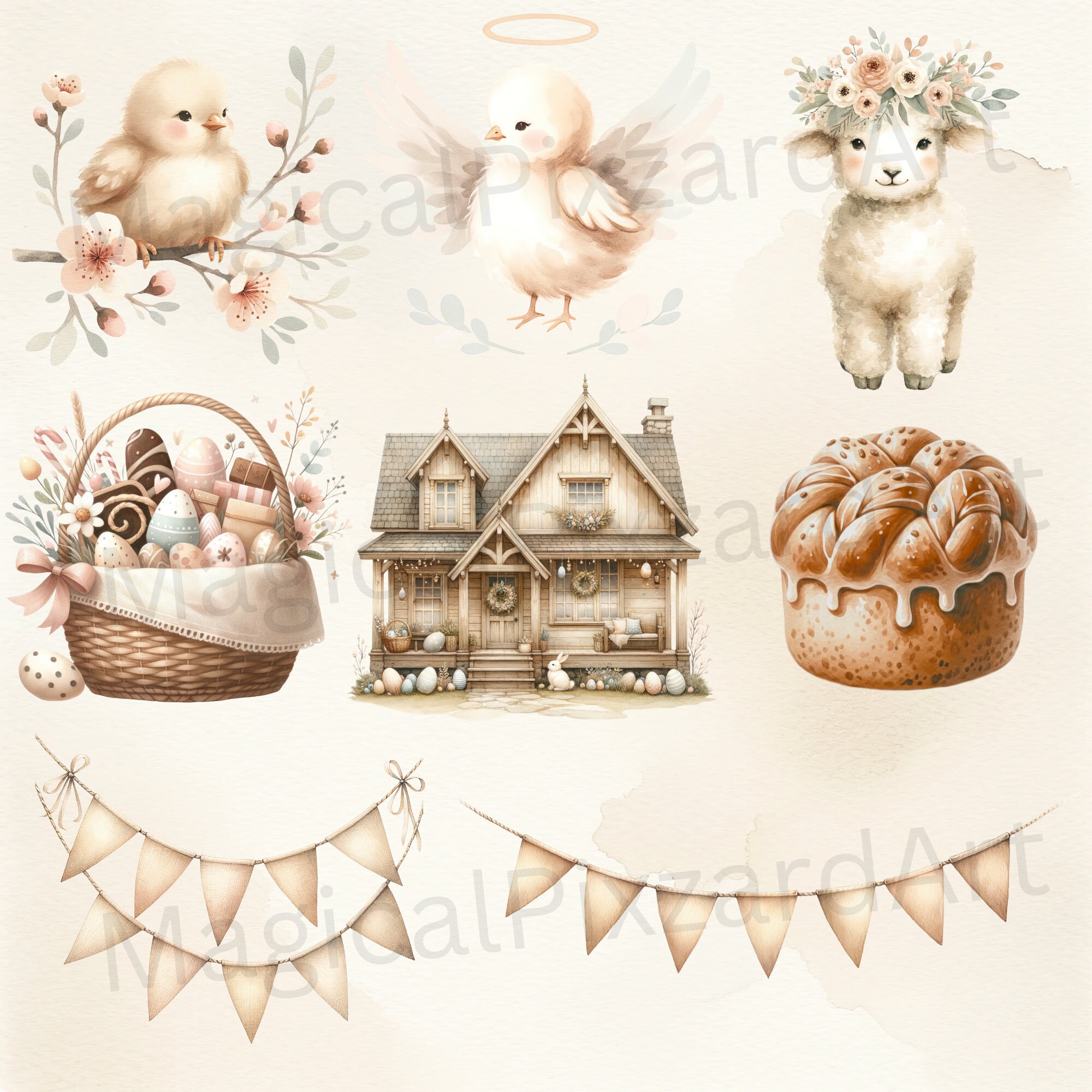 40 Watercolor Easter Clipart Bundle, Bunny Clipart, Beige Themed ...