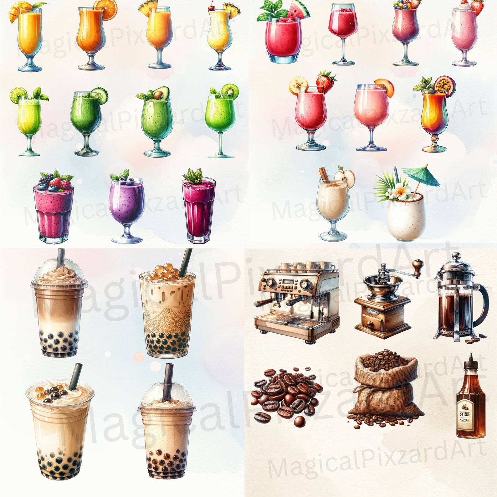 160 Watercolor Beverages Clipart Bundle - Coffee, Cocktails, Smoothies ...