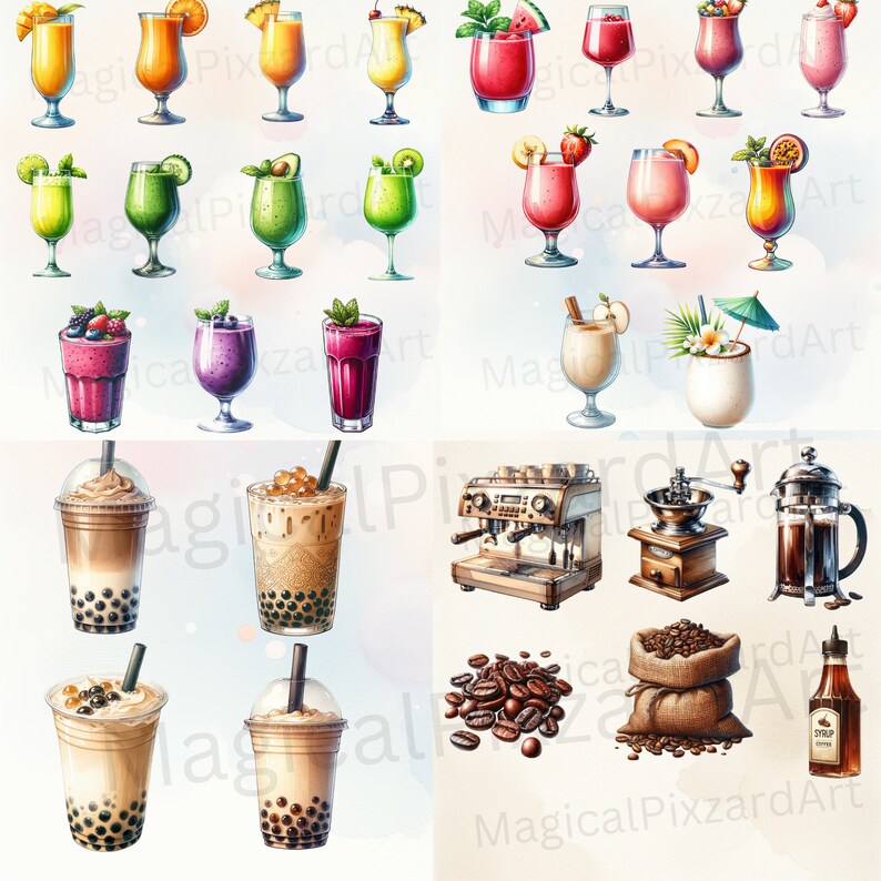 160 Watercolor Beverages Clipart Bundle - Coffee, Cocktails, Smoothies ...