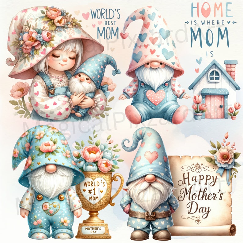 Mother's Day Gnome Clipart Watercolor Gnomes, Mom-themed Illustration ...