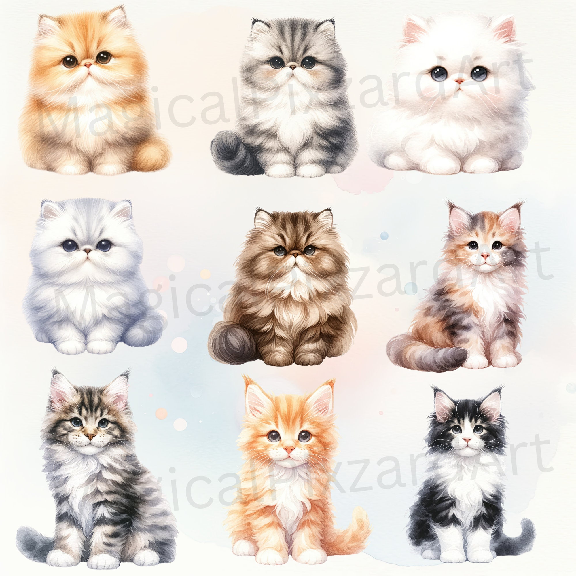 50 Watercolor Cute Cats Clipart Collection With 18 Popular Breeds Cat ...