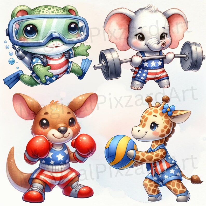 40 Watercolor Animal Sports Clipart, Athletic Animal Dressed in ...