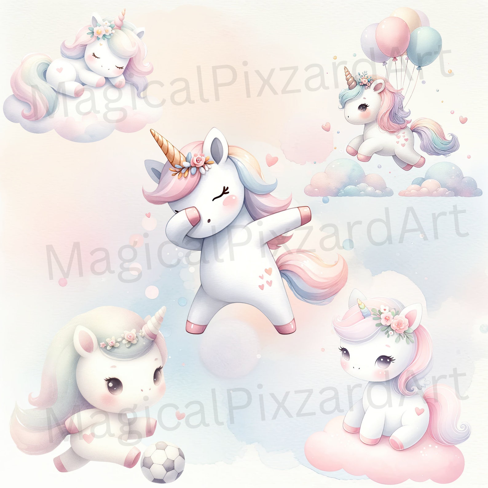 Pastel Unicorn Clipart Collection 25 PNG Files With Kawaii Watercolor ...