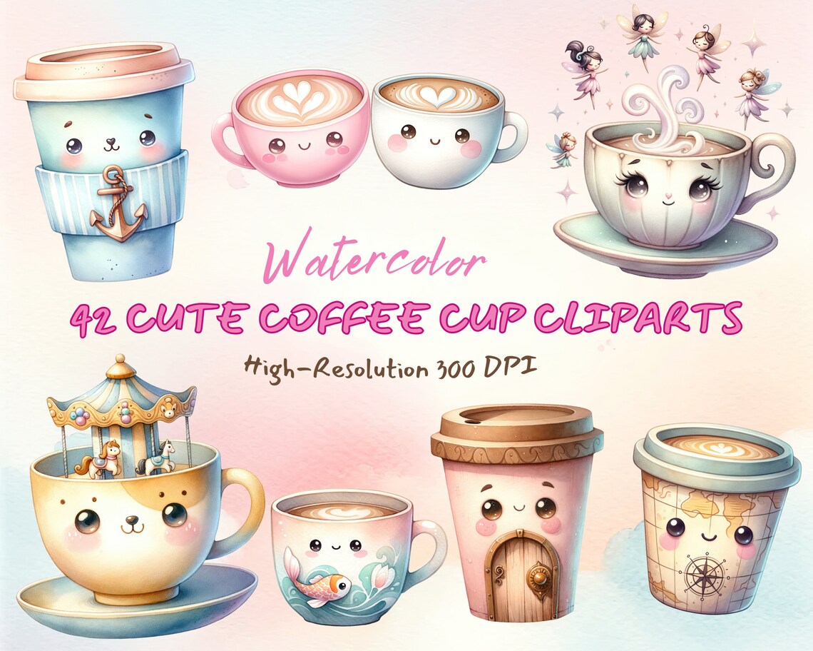 42 Watercolor Kawaii Coffee Cup Clipart Bundle, Pastel Cute Coffee Cup ...