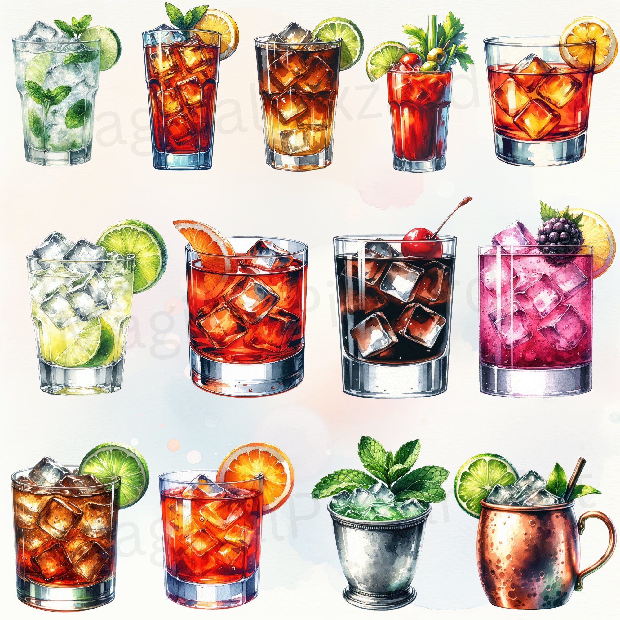 70 Watercolor Drink Clipart Bundle - 50 Cocktail Clipart + 20 Smoothie ...