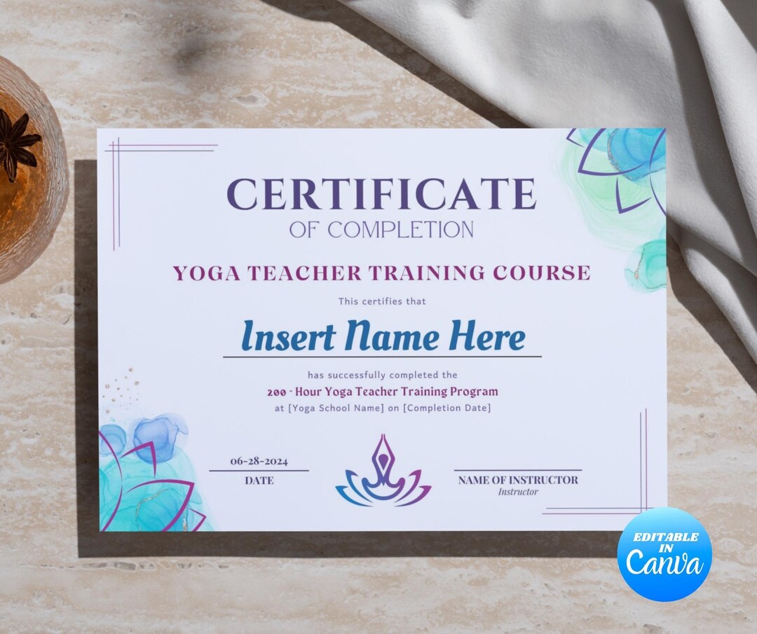 Yoga Teacher Training Certificate Template, Editable Design (digital ...