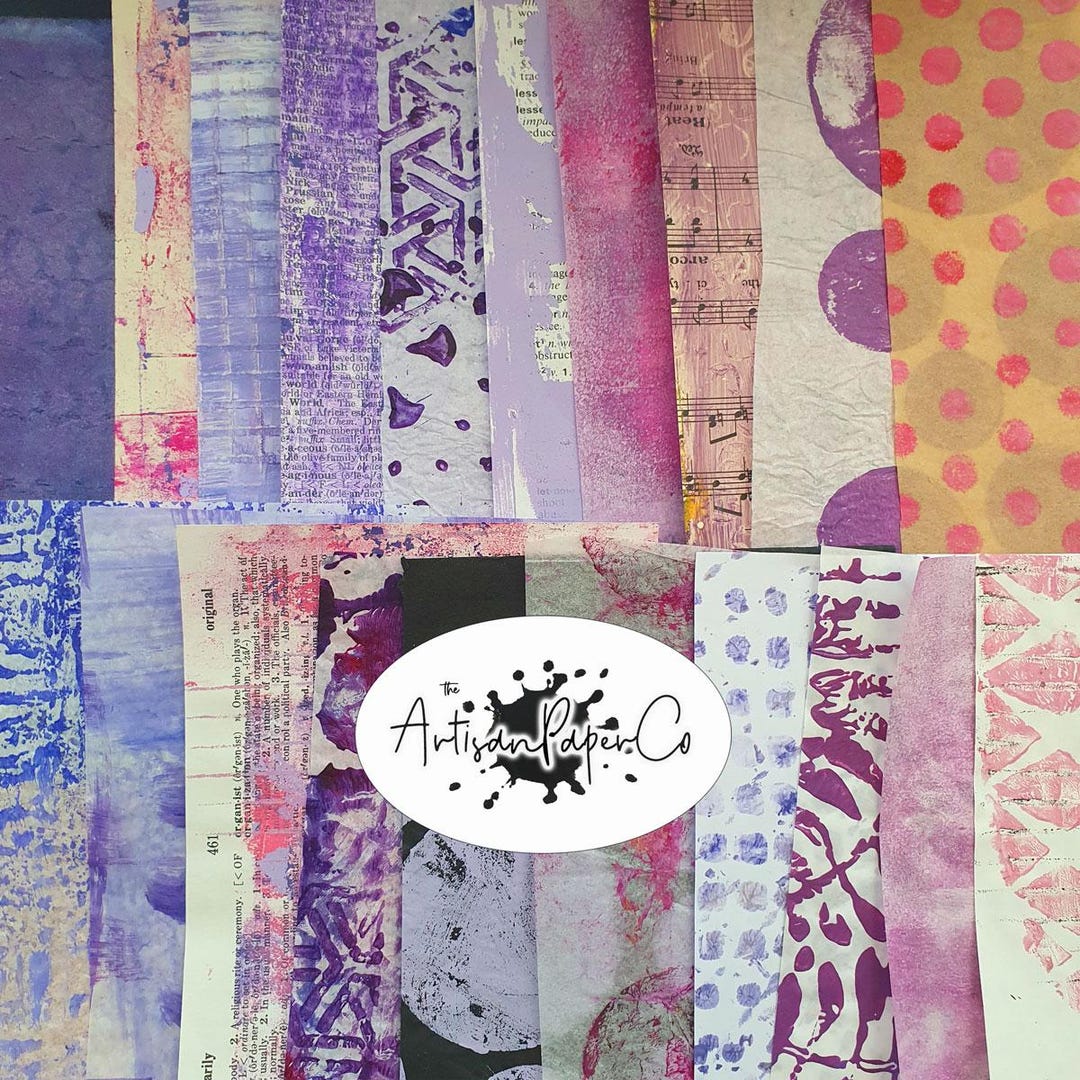 20 Hand Painted Collage Papers, Purple/pink Paper Bundle, Mixed Media ...