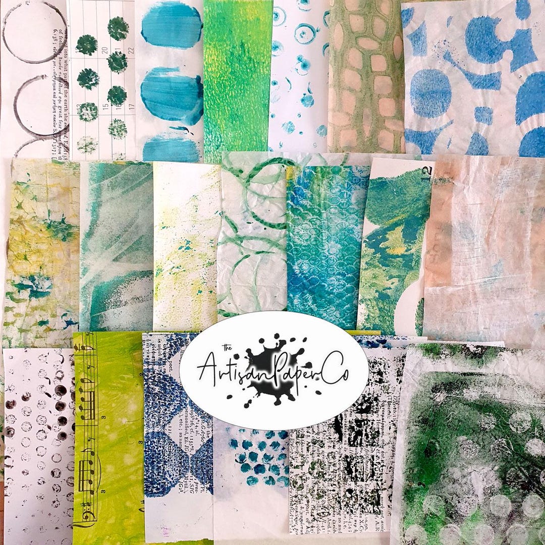 20 Hand Painted Collage Papers, Green/blue Paper Bundle, Transparent ...