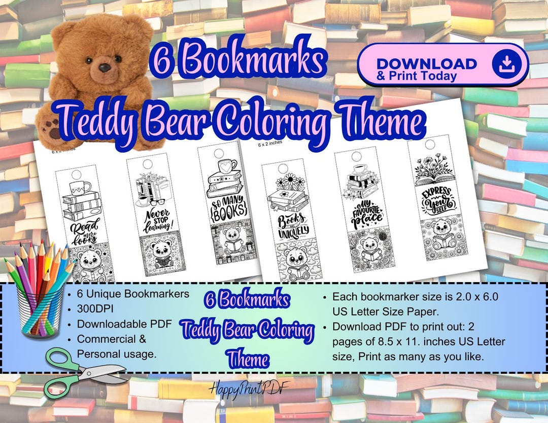 Teddy Bear Coloring Bookmarks, 6 Printable PDF Designs for Kids ...