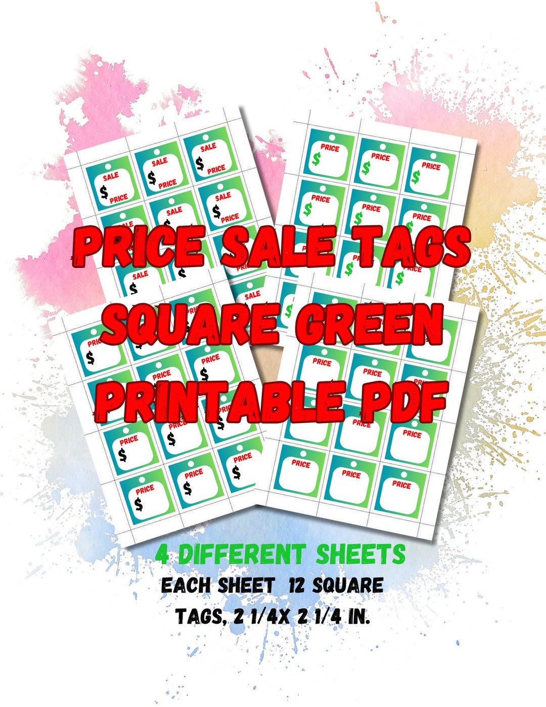 Price Sale Tags, Square Green Theme Printable, PDF 2 1/4 X 2 1/4 Inches ...