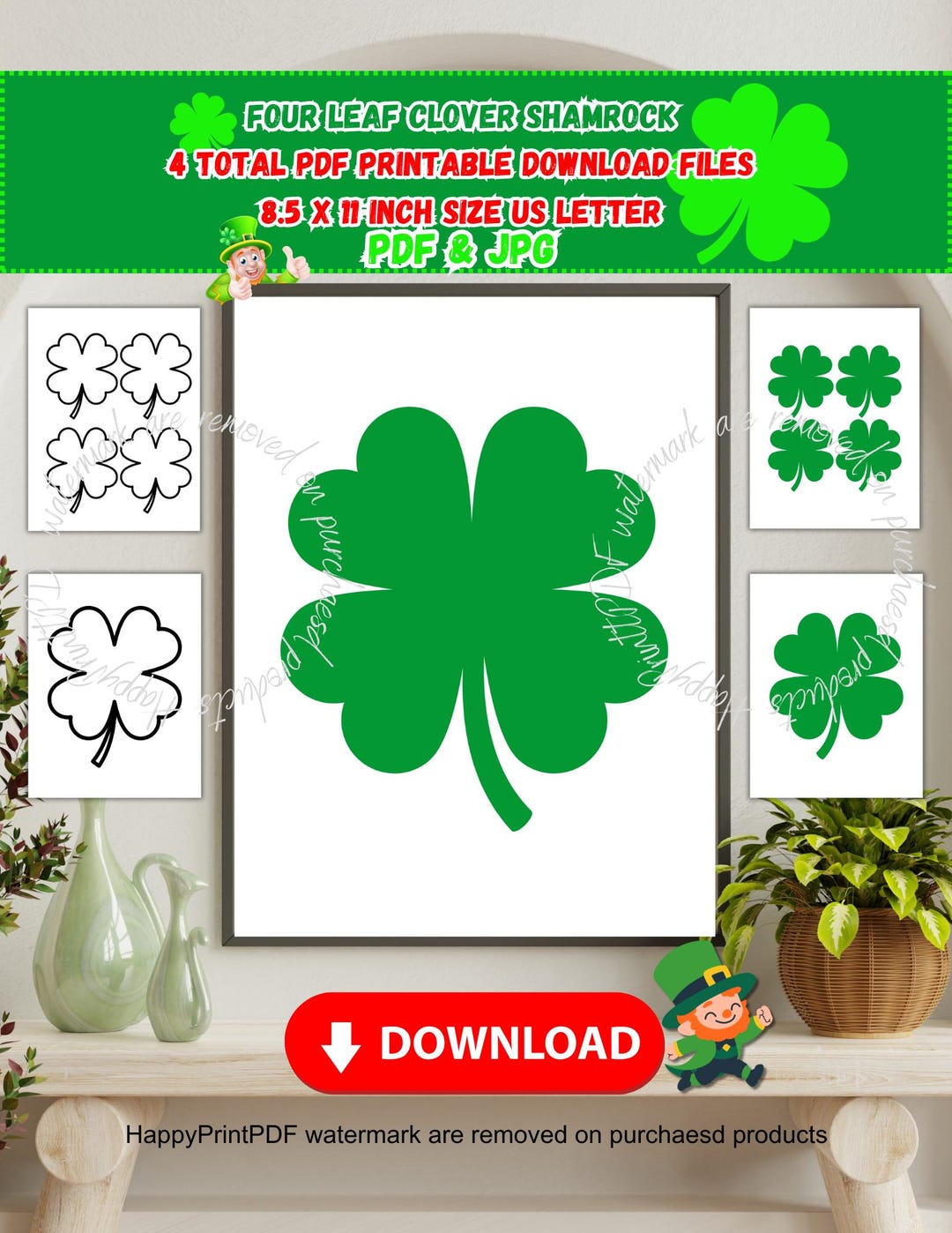 Four Leaf Clover Shamrock, Printable PDF, St Patricks Day, Four Leaf ...