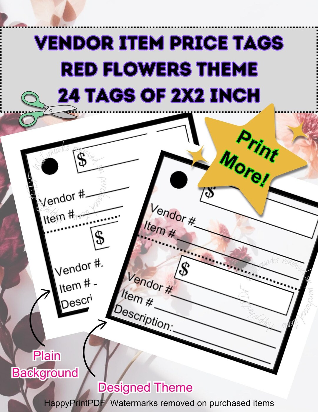 Vendor Tags Red Flowers Theme, Printable Tags in PDF, Tags 2x2 Inch ...