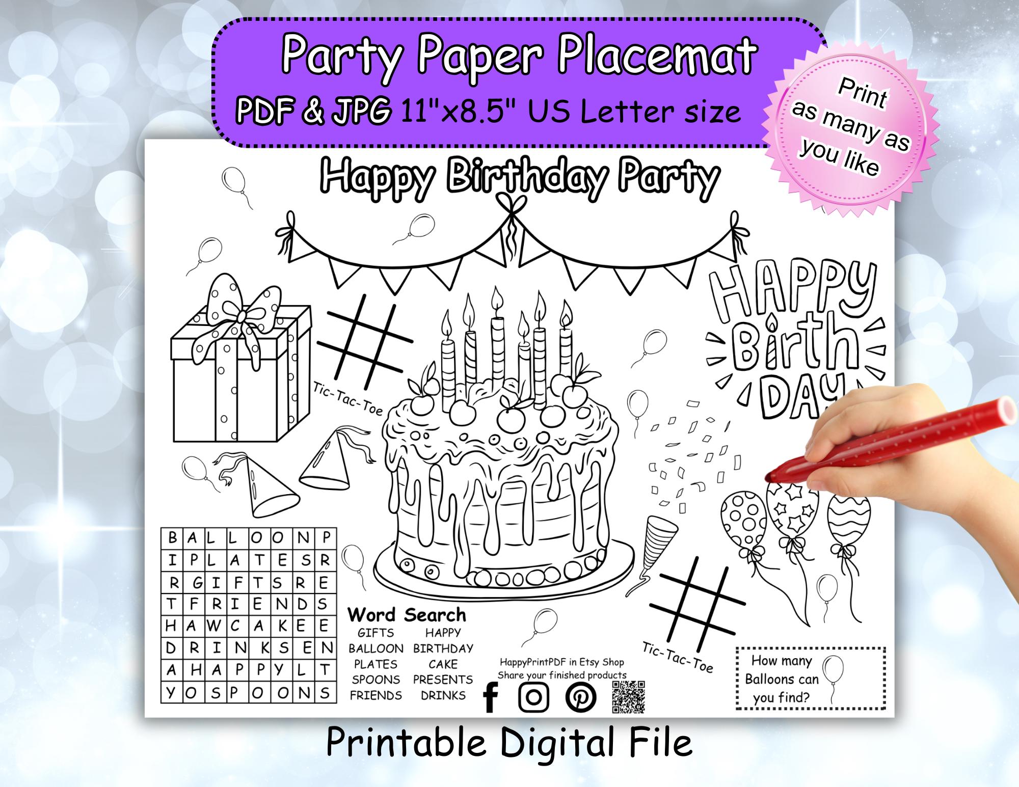 Happy Birthday Coloring Placemat for Kids, Printable Party Activity ...