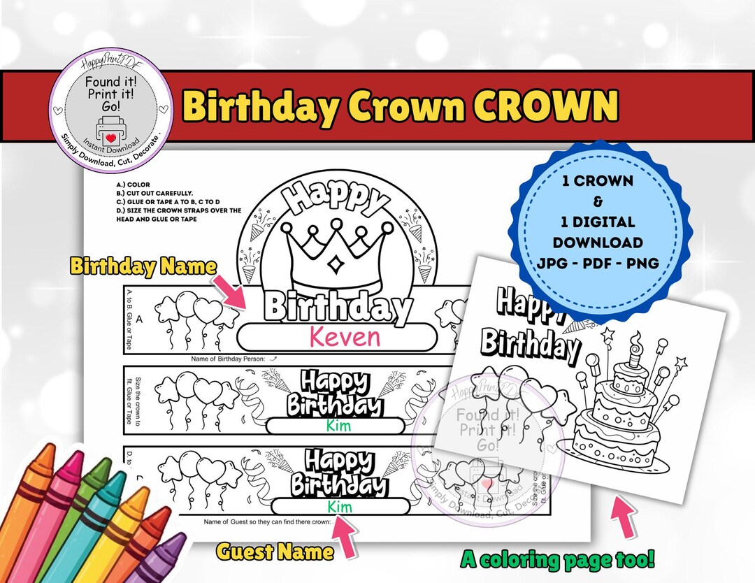 Birthday Crown Crown Coloring Pages | Kids Party Printable - PDF, PNG ...