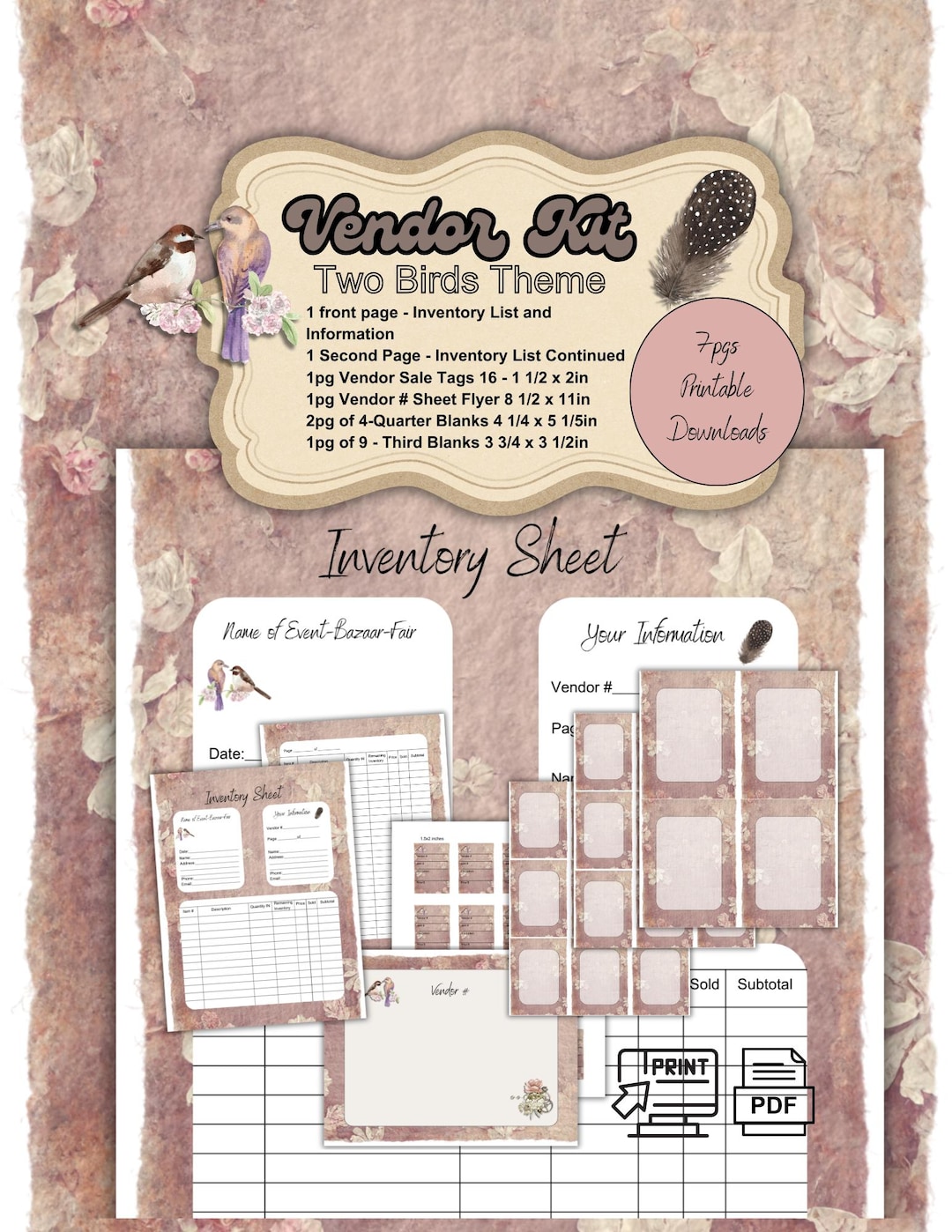 Two Birds Theme-vendor Kit-printable Price Tags and Inventory-7-page ...