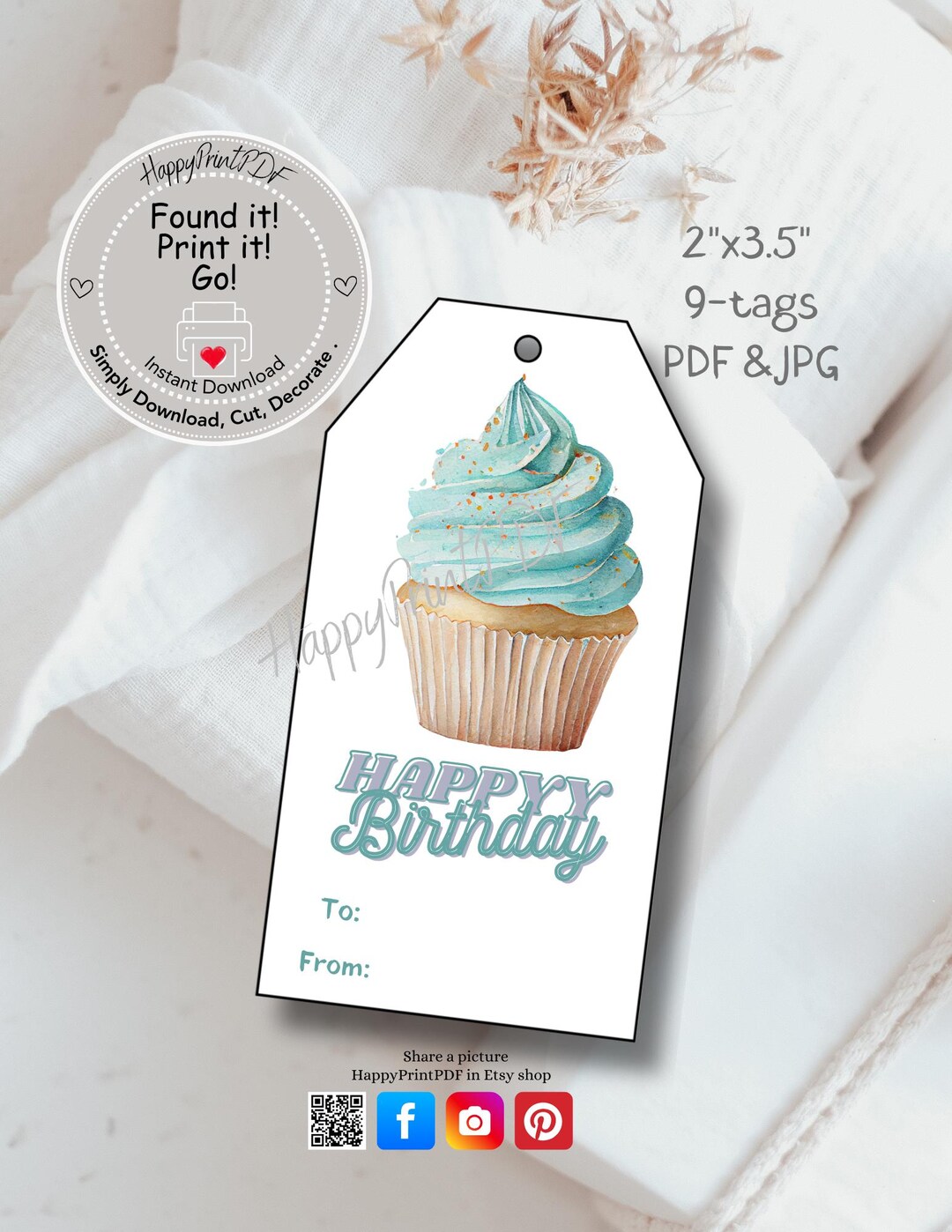 Blue Cupcake Birthday Gift Tags: Printable Party Favors (PDF & JPG) - Etsy