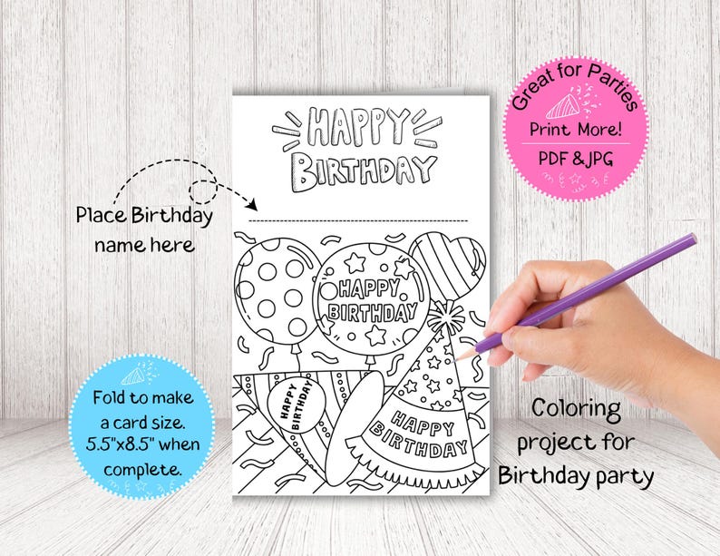 Coloring Birthday Card Printable-party Activity-pdf and JPG Download - Etsy