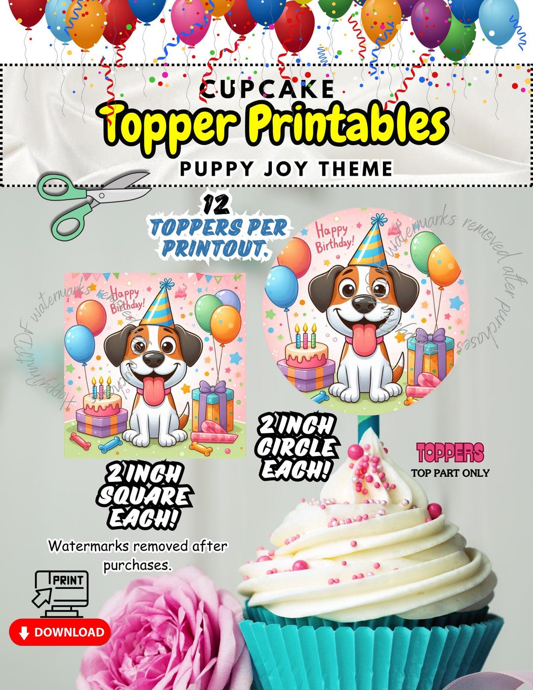 Cupcake Toppers, Happy Birthday, Puppy Joy Theme, 2in-12count PDF ...