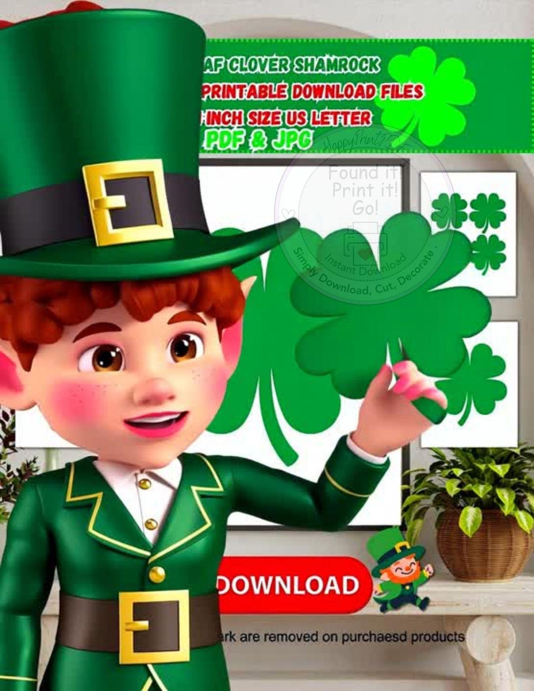 Four Leaf Clover Shamrock, Printable PDF, JPG, and PNG St Patricks Day ...