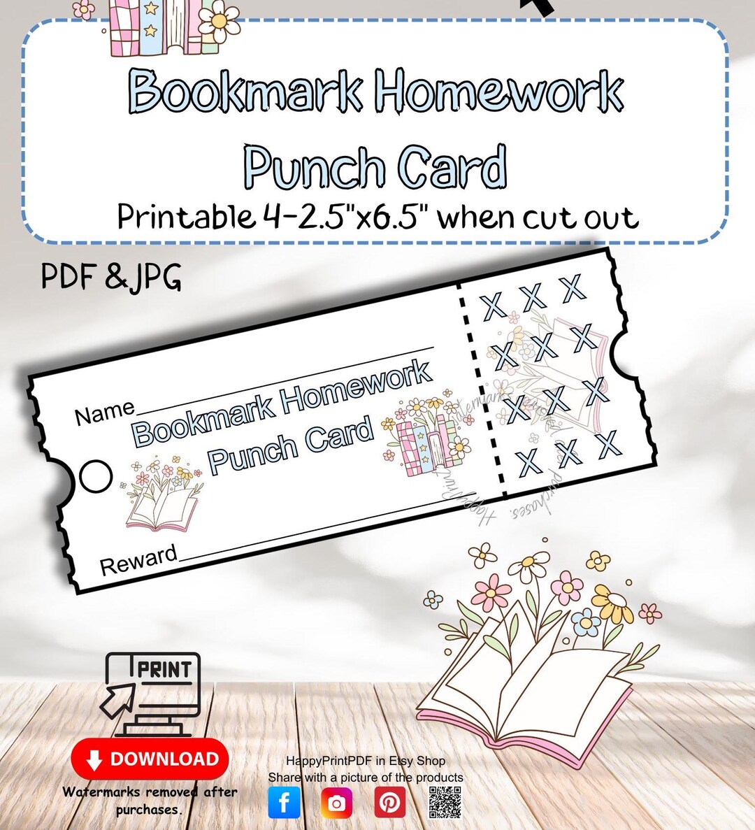 Bookmark Homework Punch Card Wild Flower Theme, Classroom Punch Card ...