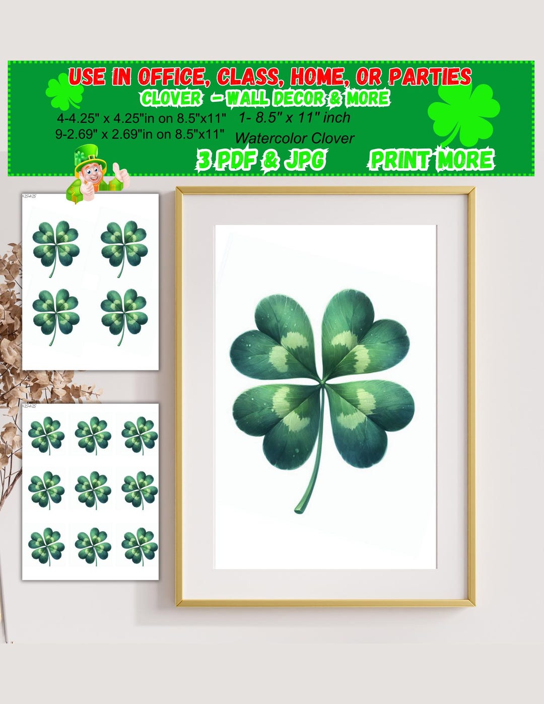 Four Leaf Clover Shamrock Watercolor, Printable PDF JPG, St Patricks ...