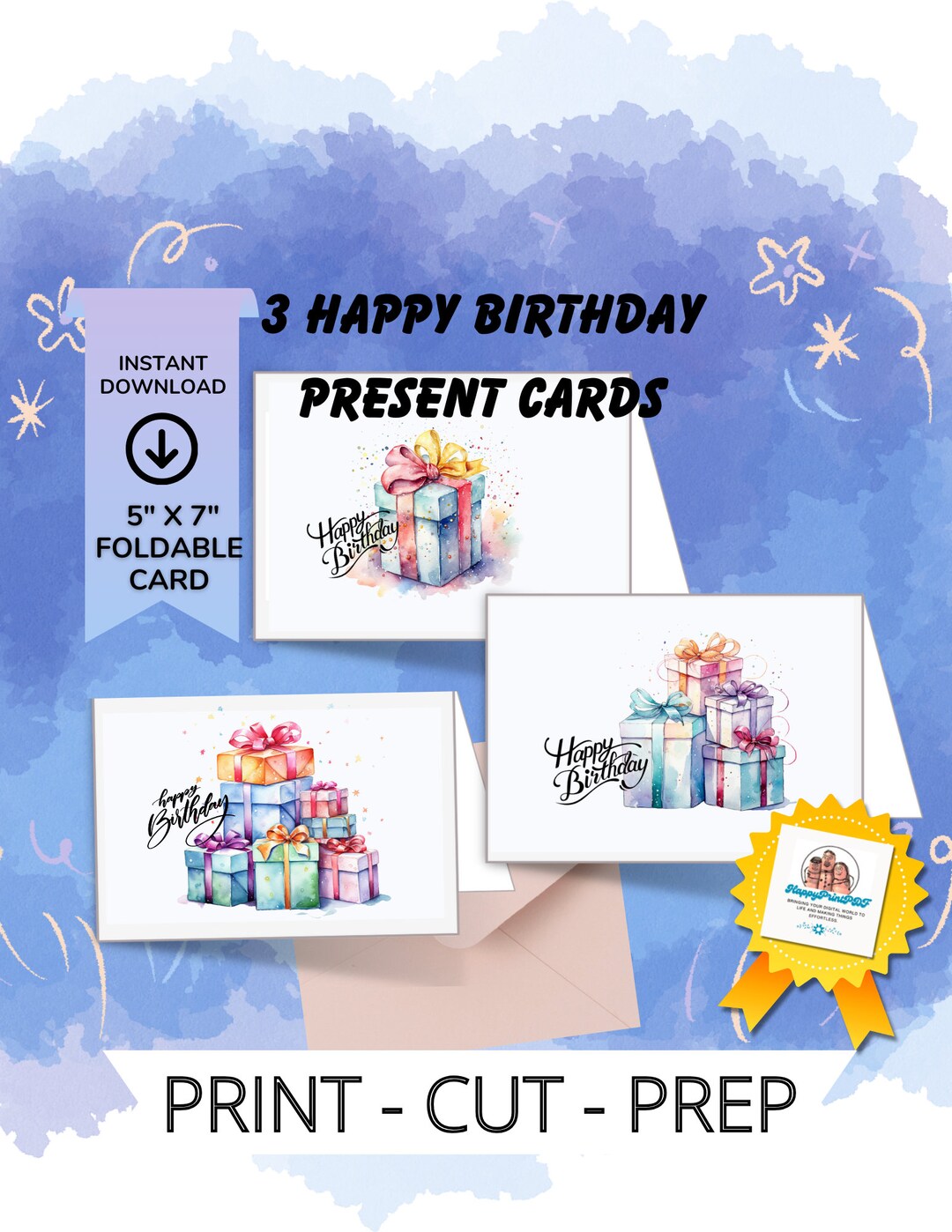 Birthday Present Cards, Printable PDF, 3 - 5x7 Foldable Birthday Cards ...