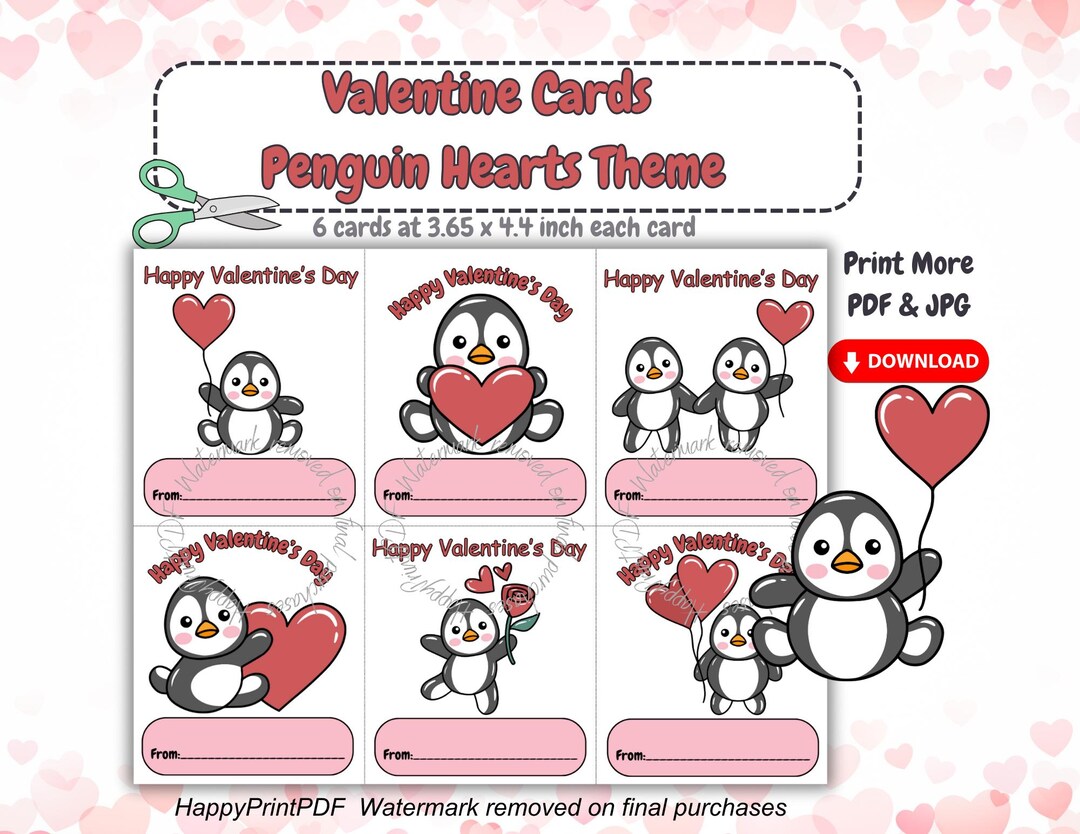 Valentine Cards Penguin Hearts Theme, Happy Valentines, Download ...
