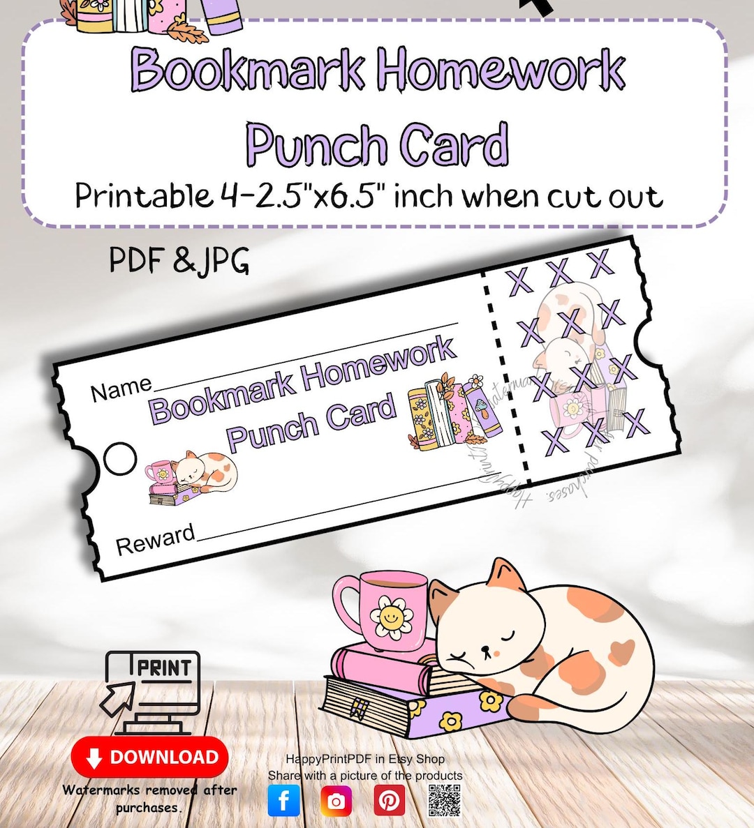 Bookmark, Homework Punch Card Cozy Cat Shades Theme, Classroom Punch ...