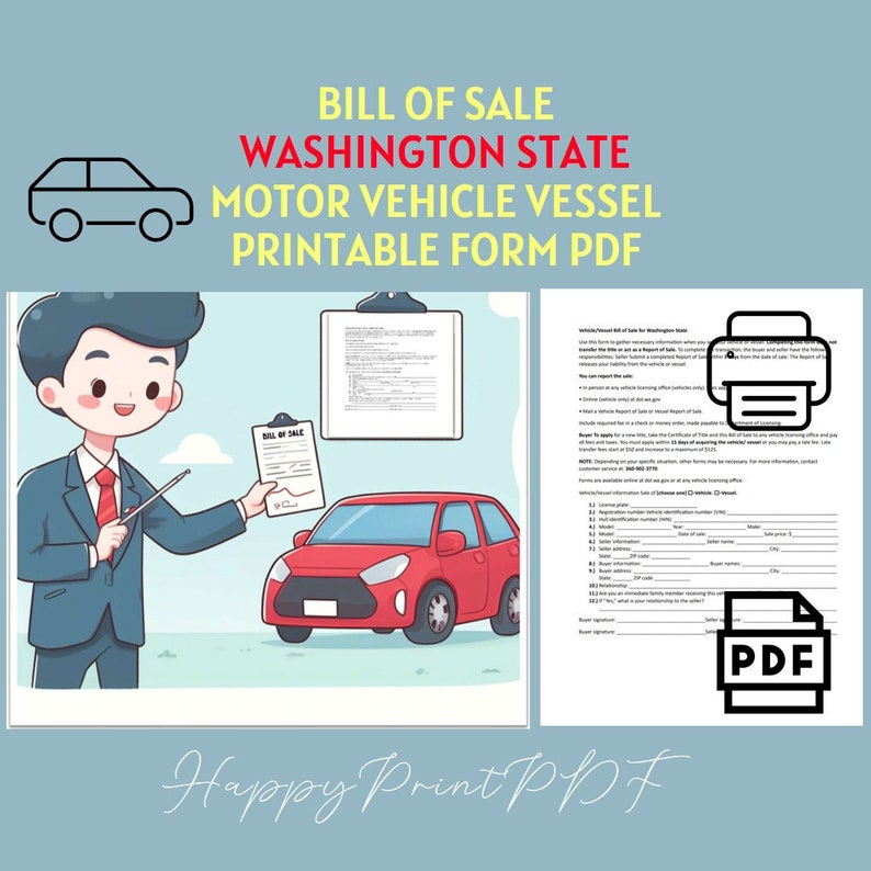 Bill of Sale Washington State Motor Vehicle Vessel Printable Form PDF ...