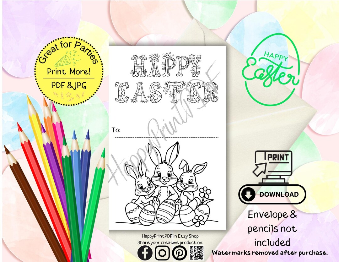 Happy Easter Coloring Card, Rabbit Family, Digital Easter Card, Happy ...