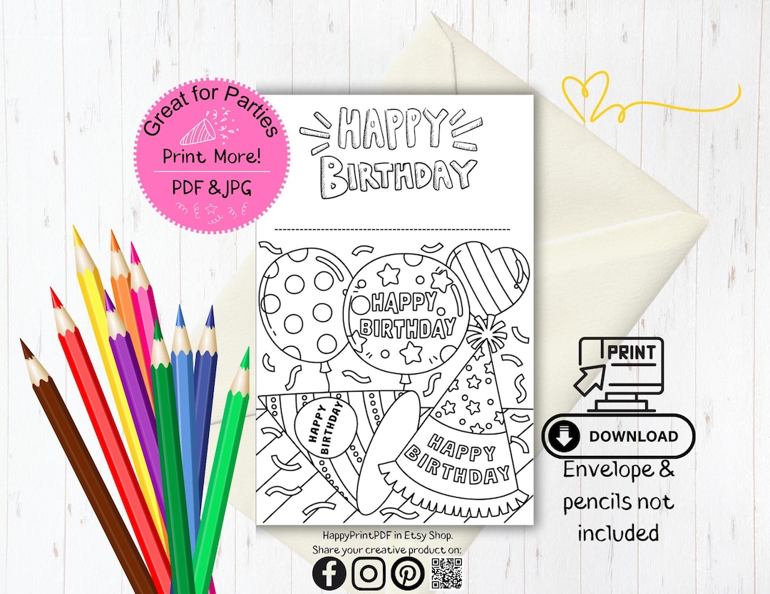 Coloring Birthday Card Printable-party Activity-pdf and JPG Download - Etsy