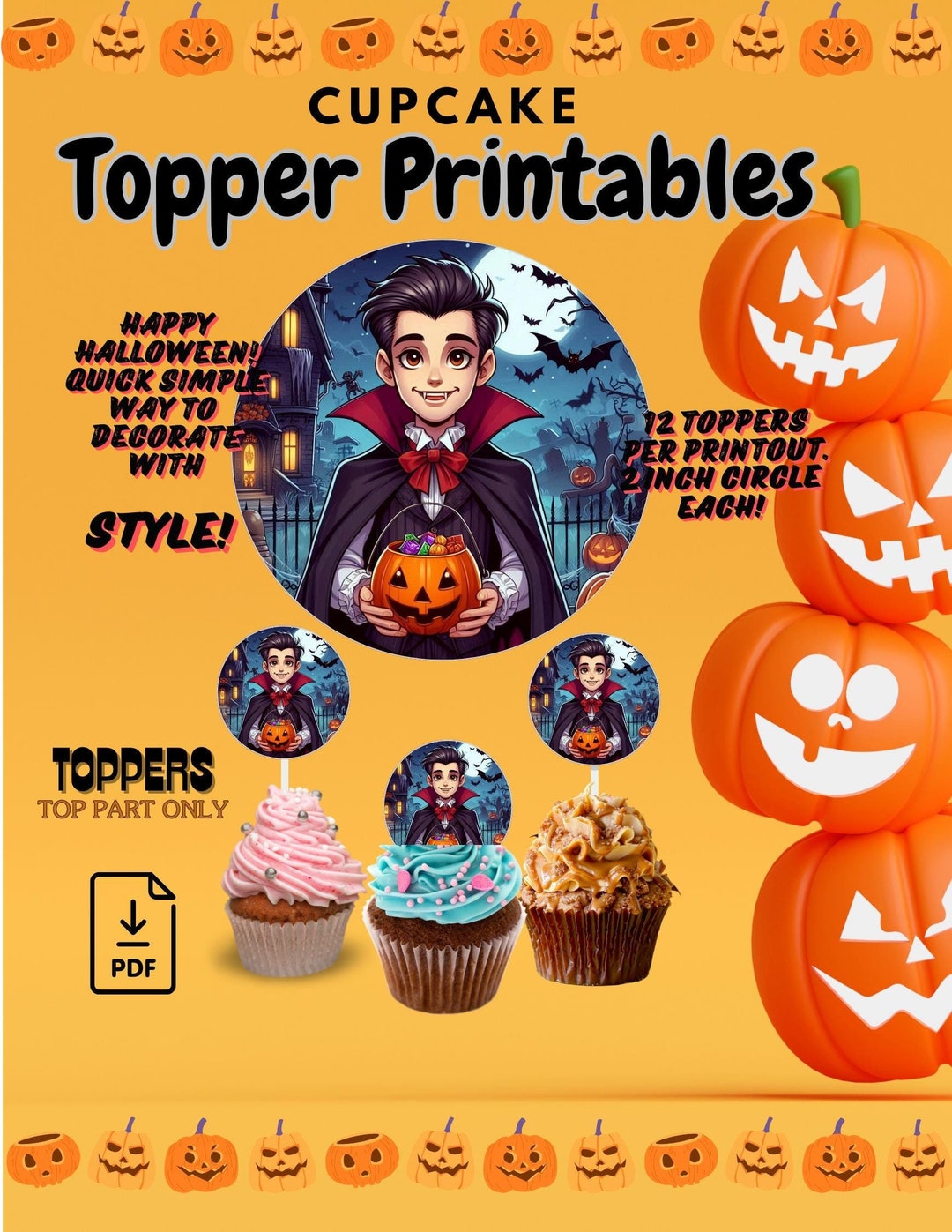 Vampire Cupcake Toppers: Printable Halloween Party Decorations (PDF ...