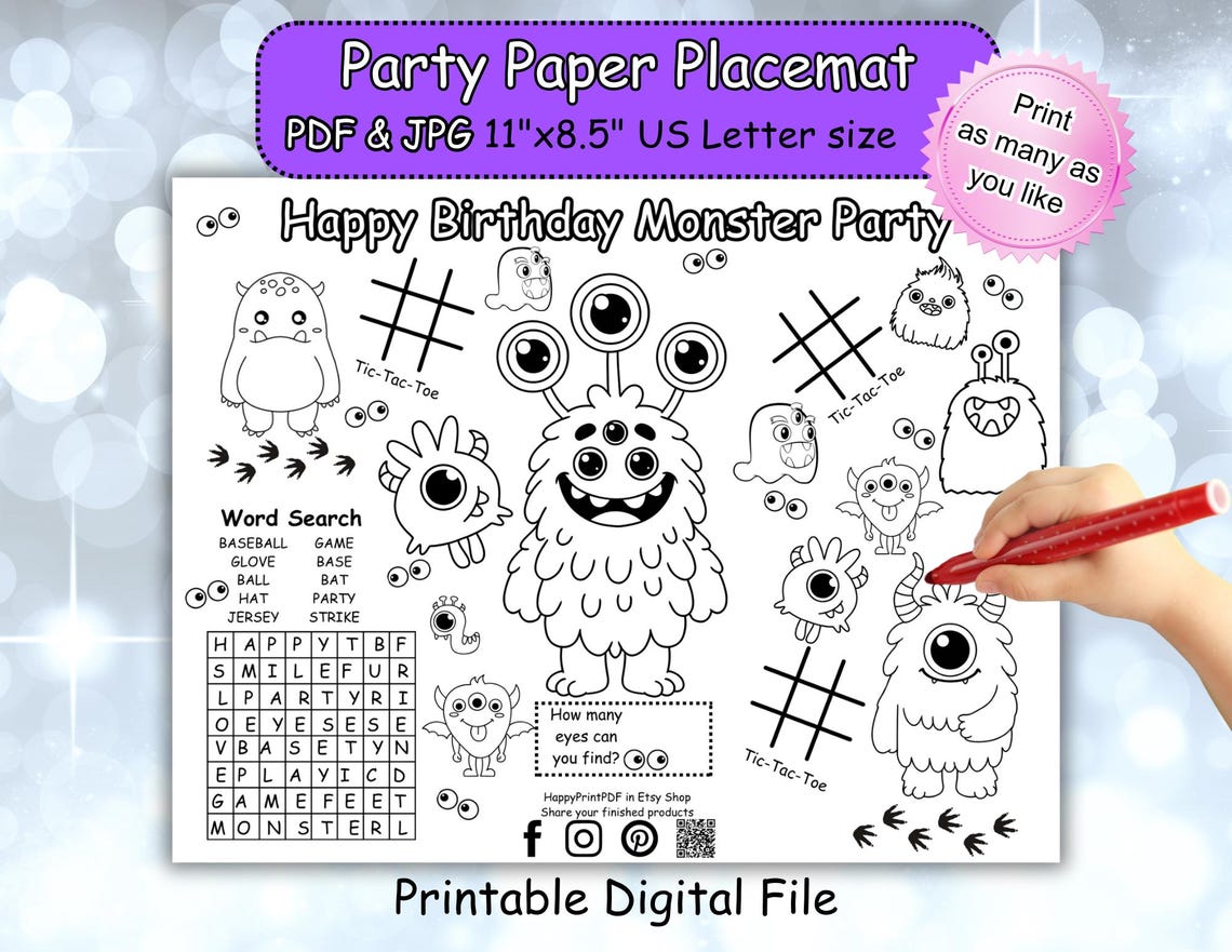 Printable Monster Birthday Coloring Placemat, Party Activity for Kids ...
