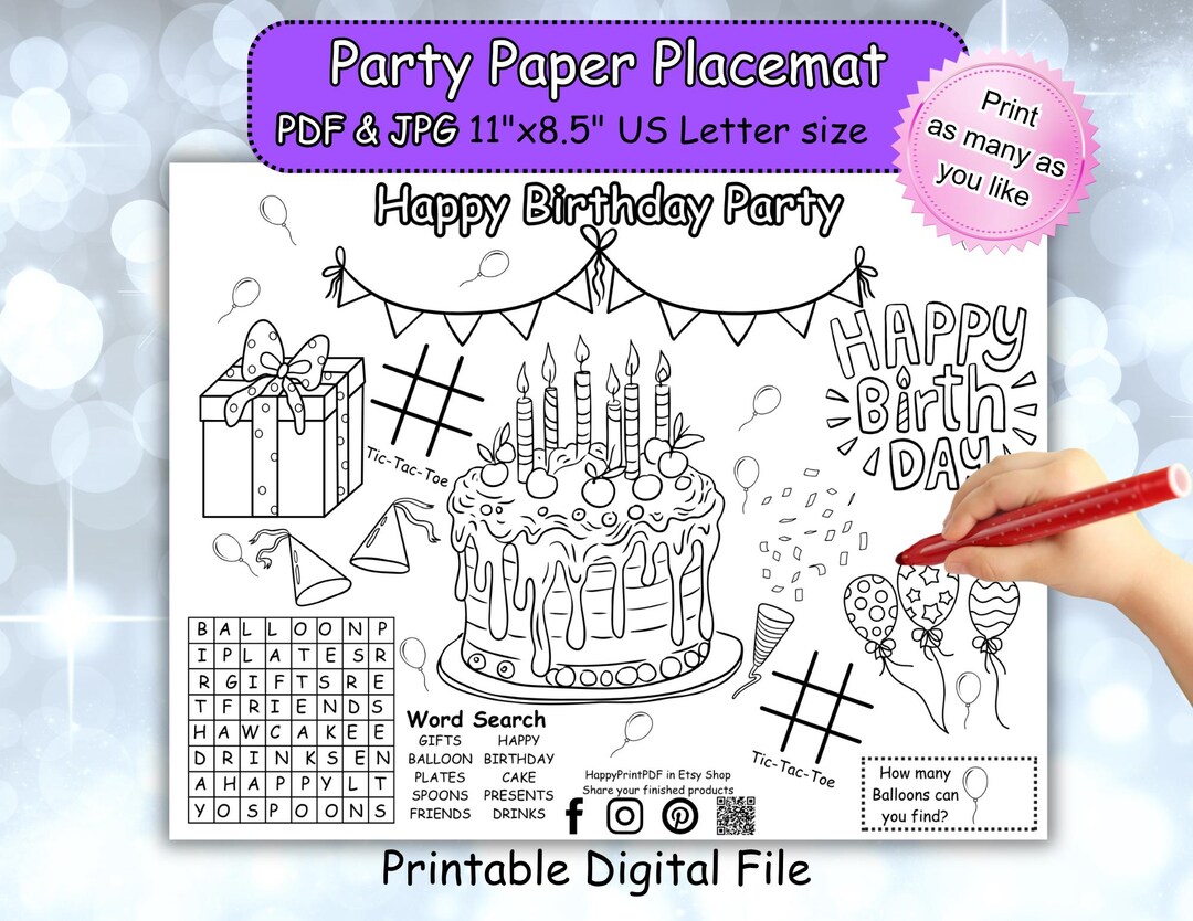 Happy Birthday Party Placemat Paper Printable,happy Birthday Party ...