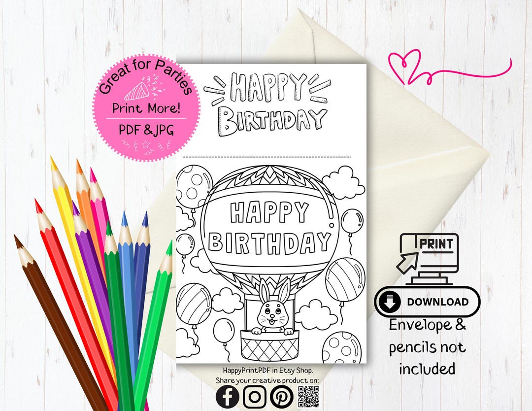 Hot Air Balloon Birthday Card-coloring Page Printable-pdf and JPG ...
