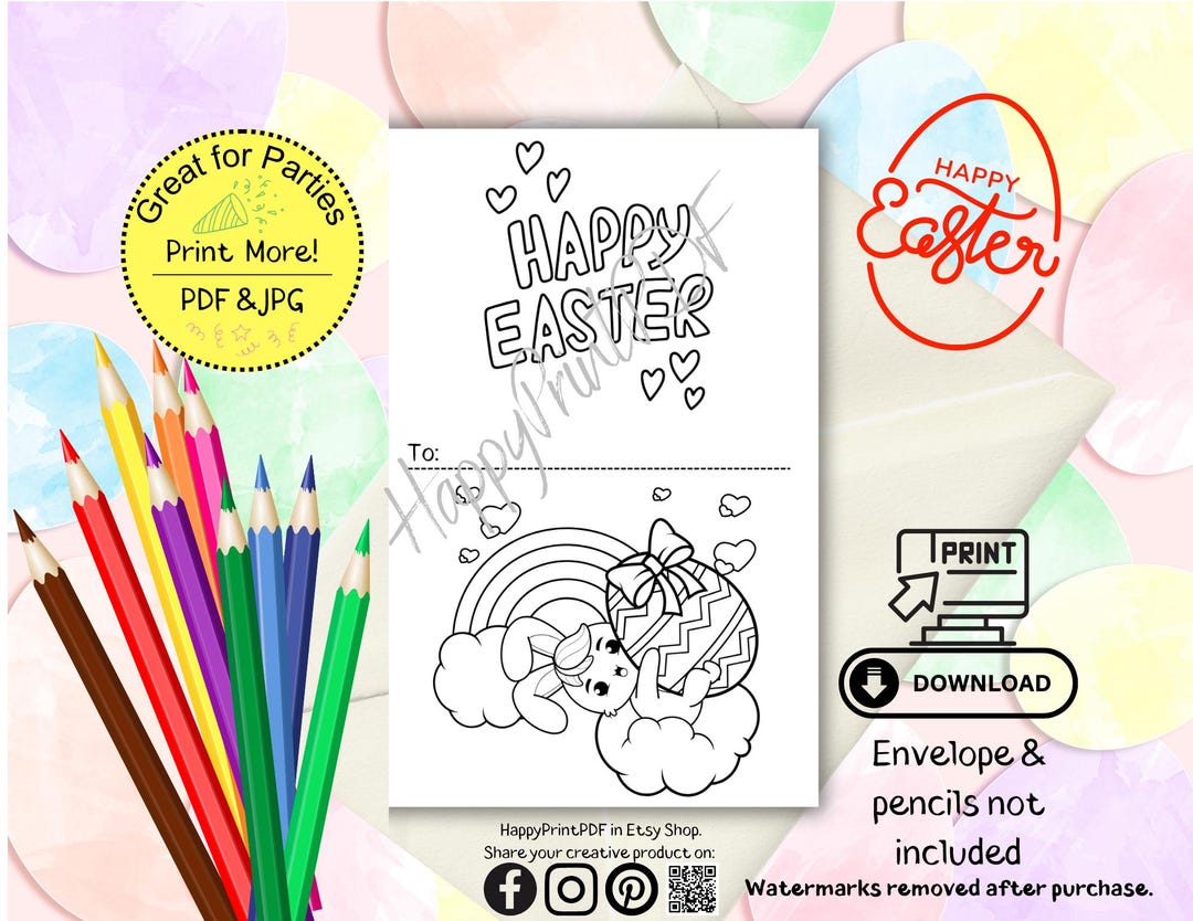 Happy Easter Coloring Card, Rabbit Rainbow, Digital Easter Card, Happy ...