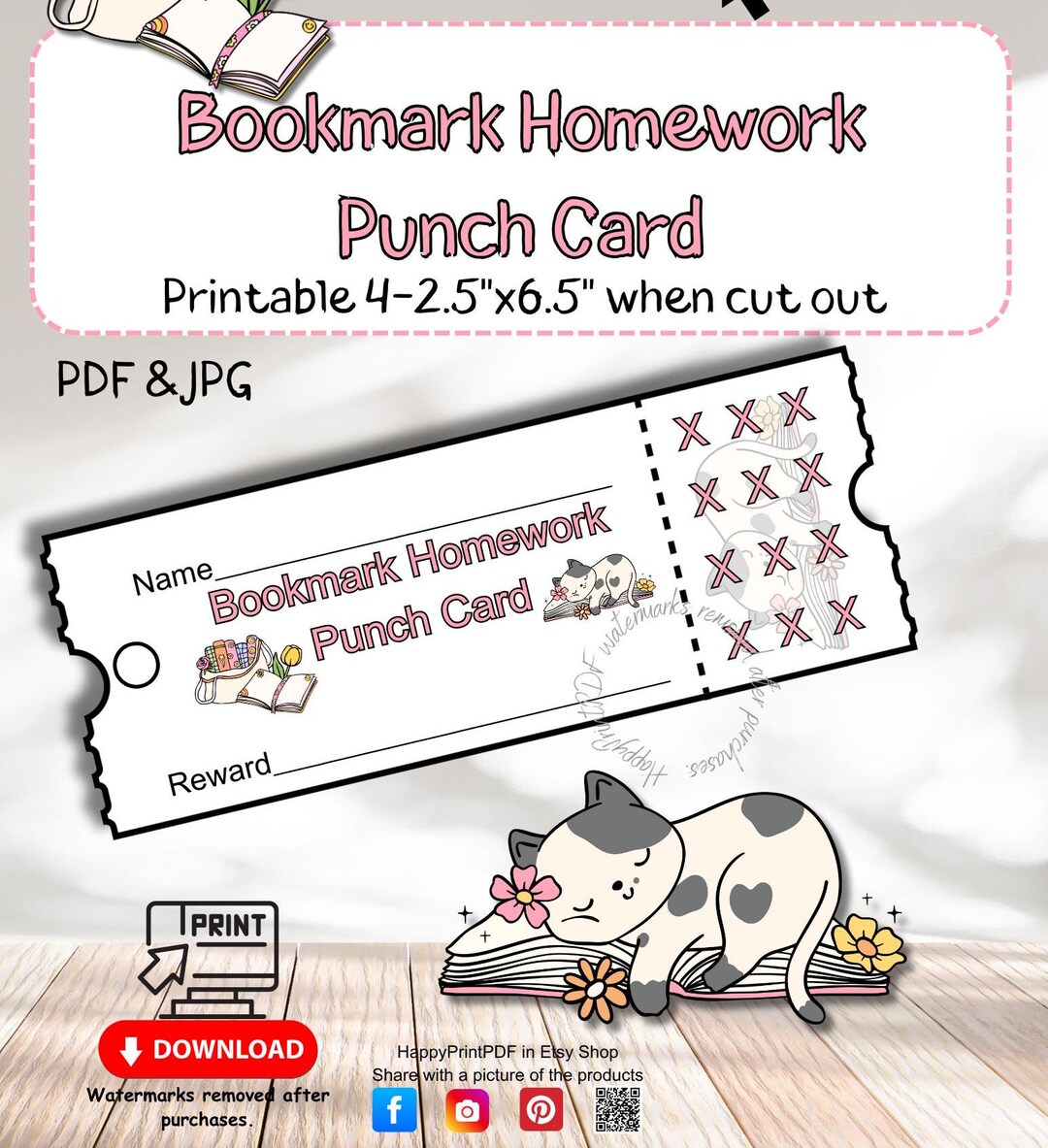 Bookmark, Homework Punch Card Dreamy Kitty Theme, Classroom Punch Card ...