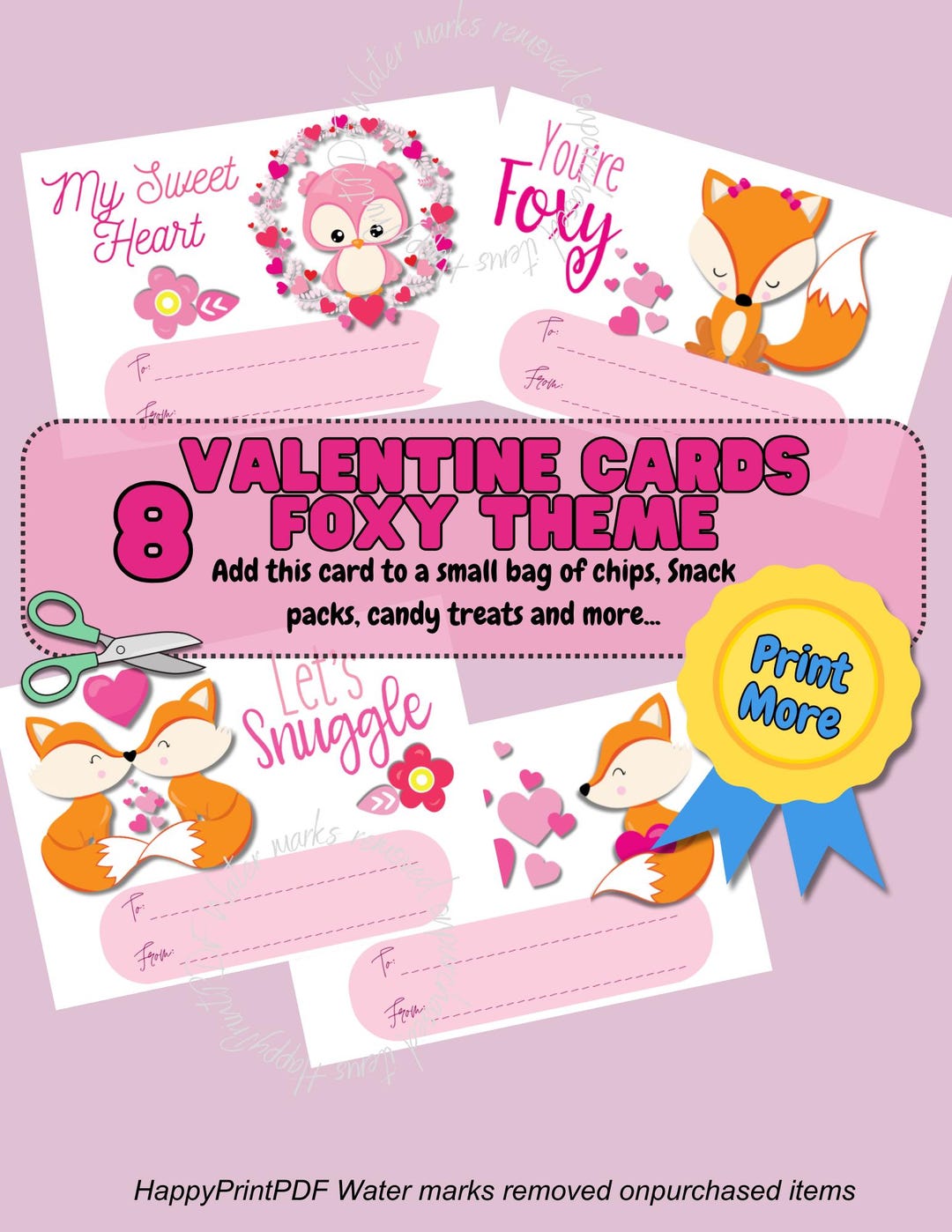 Foxy Valentine Cards, Kids Printable Valentines, Set of 8 (PDF Download ...