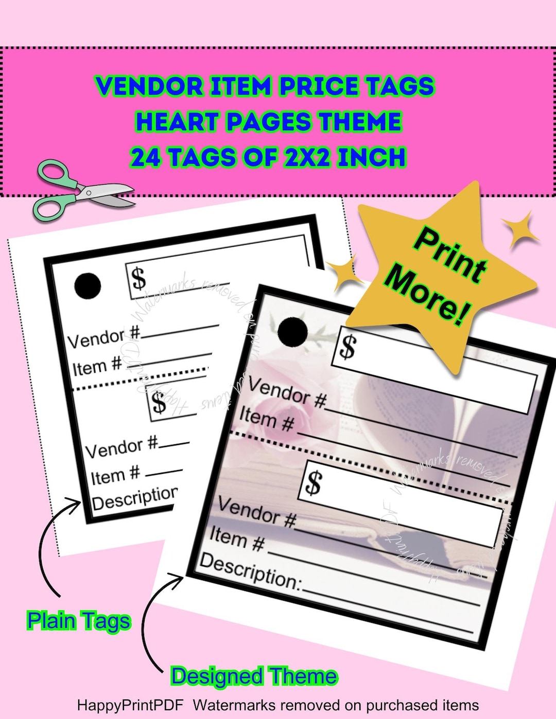 Vendor Tags Heart Pages Theme, Printable Tags in PDF, Tags 2x2 Inch ...