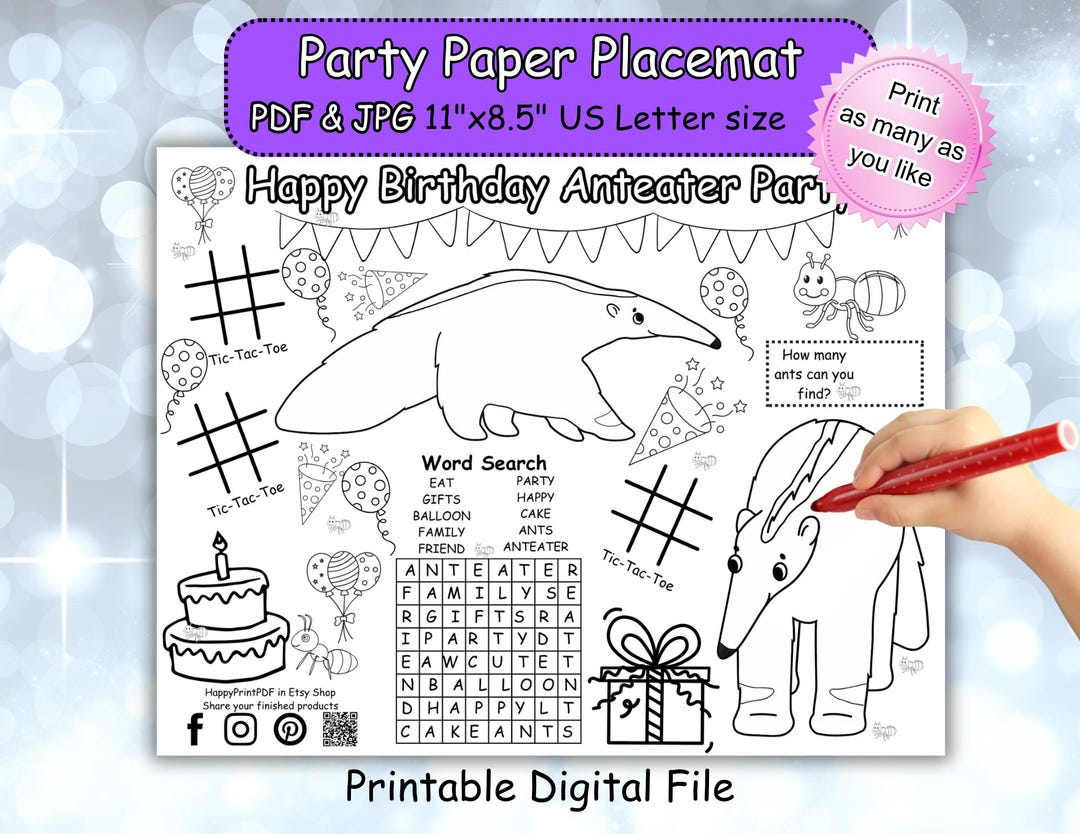 Anteater Party Placemat Paper Printable, Happy Birthday Party, Digital ...