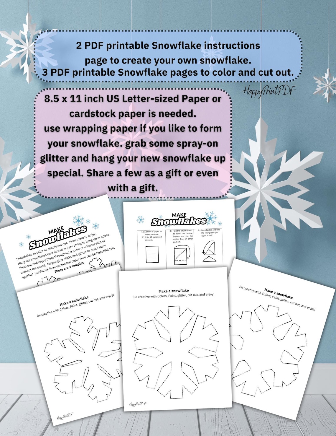 Printable Snowflake Templates – 5 Pages JPG and PDF-DIY Winter Crafts ...
